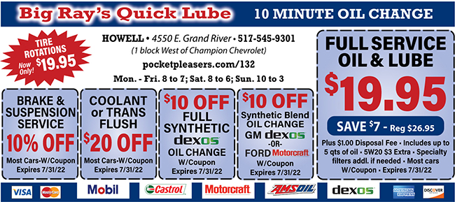 Pocket Pleasers Coupon for Big Ray's Quick Lube - Howell Coupon.